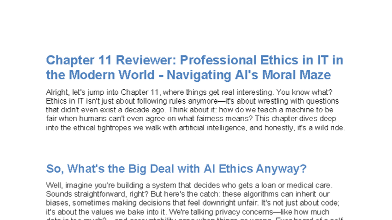 Chapter 11 Reviewer: Ethics in IT - Navigating the Moral Maze - Studocu
