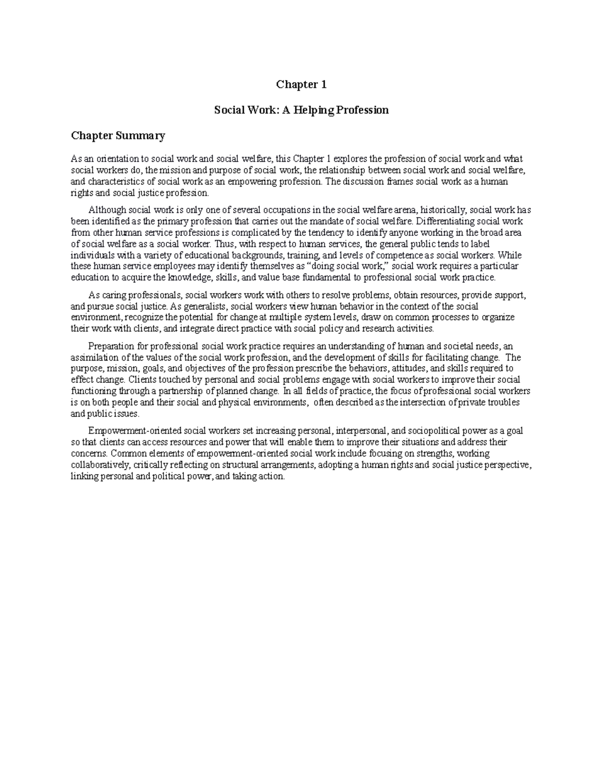 SW 101: Chapter 1 Summary - Understanding Social Work Essentials - Studocu