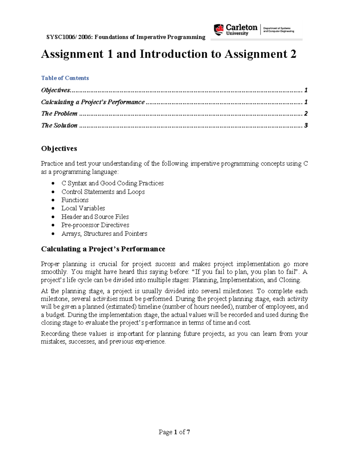 SYSC2006 Assignment 1: Foundations of Imperative Programming Guide - Studocu