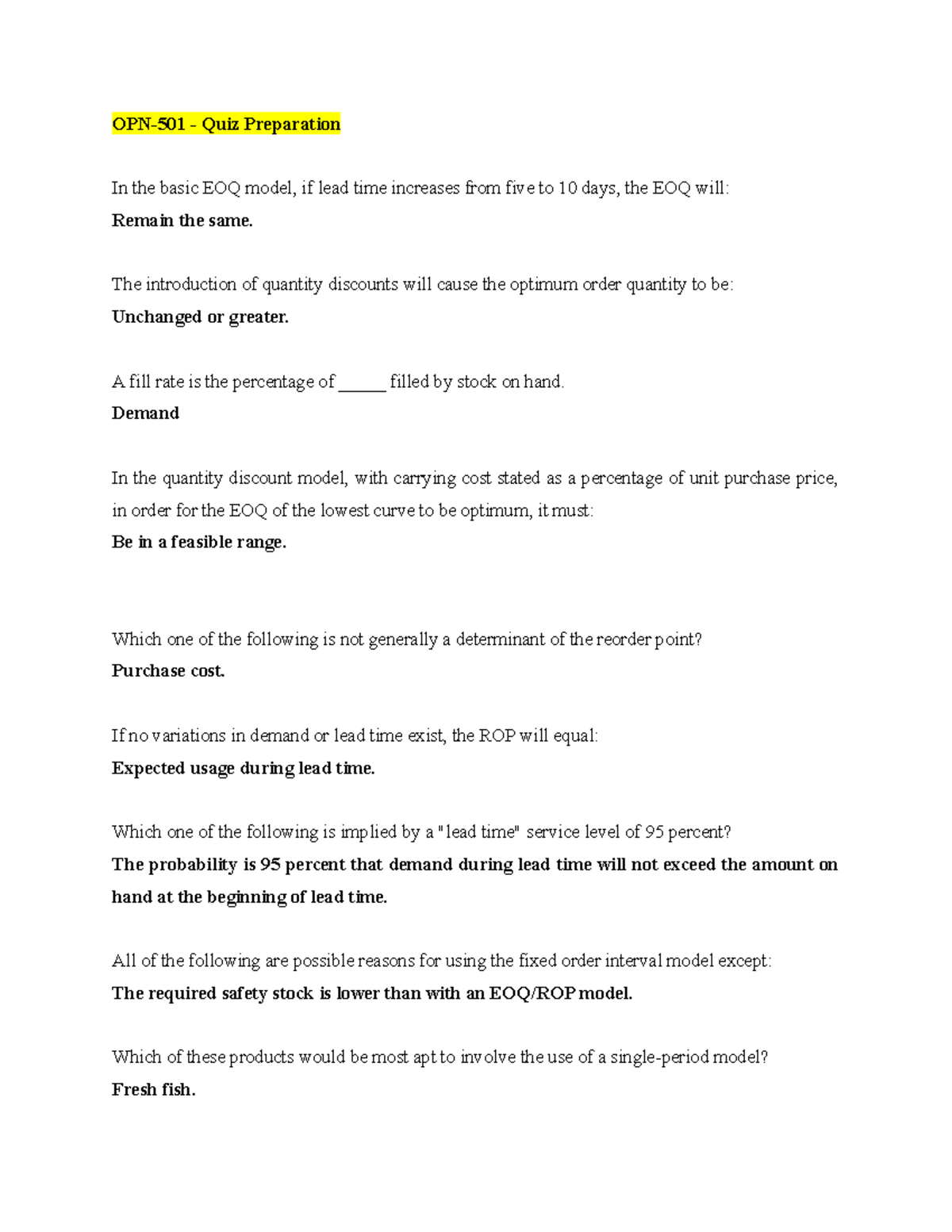 OPN-501 - Quiz Prep on Inventory Management Concepts - Studocu