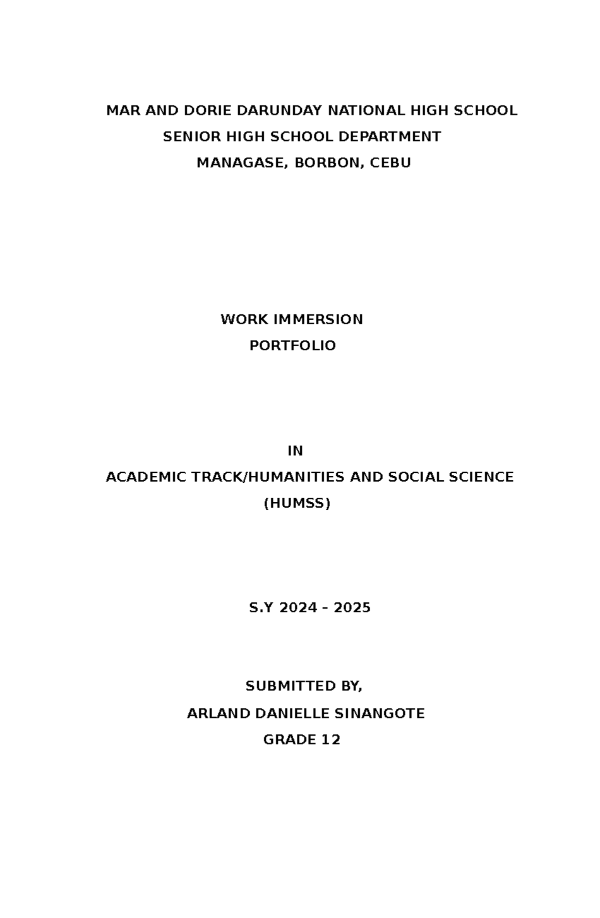 HUMSS Work Immersion Portfolio: Insights & Reflections (S.Y. 2024-2025 ...