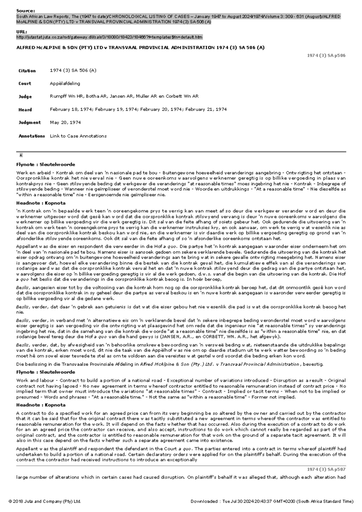 Alfred McAlpine & Son (PTY) LTD v Transvaal Provincial Admin: 1974 Case ...