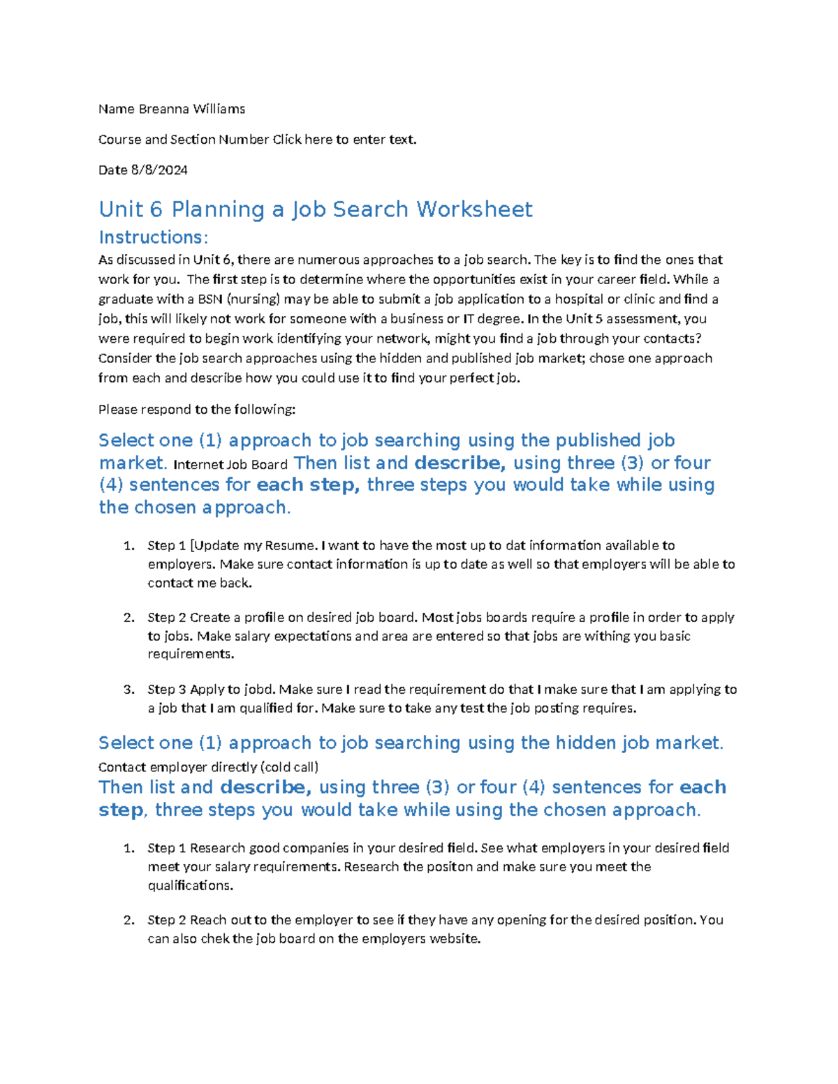 PD202 Unit 6 Job Search Planning Worksheet - Revised Version - Studocu