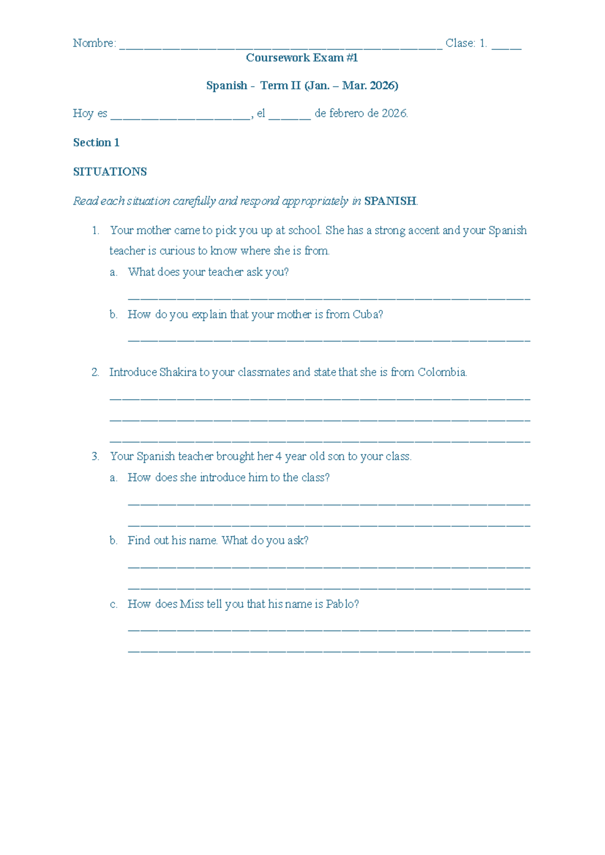 Cw 1 Term II: Spanish Coursework Exam Situations (Feb. 2026) - Studocu