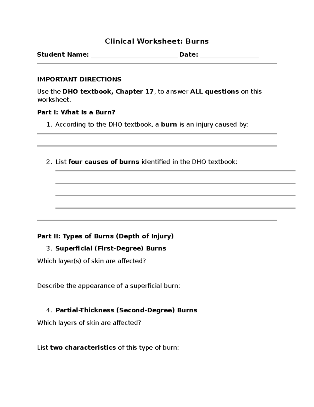 DHO 101: Clinical Worksheet on Burns - Chapter 17 Insights - Studocu