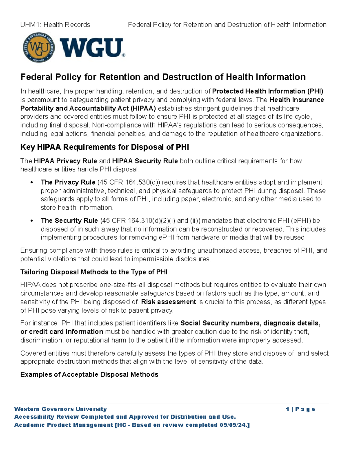 Federal Policy on Retention & Destruction of Health Info (HIPAA) - Studocu