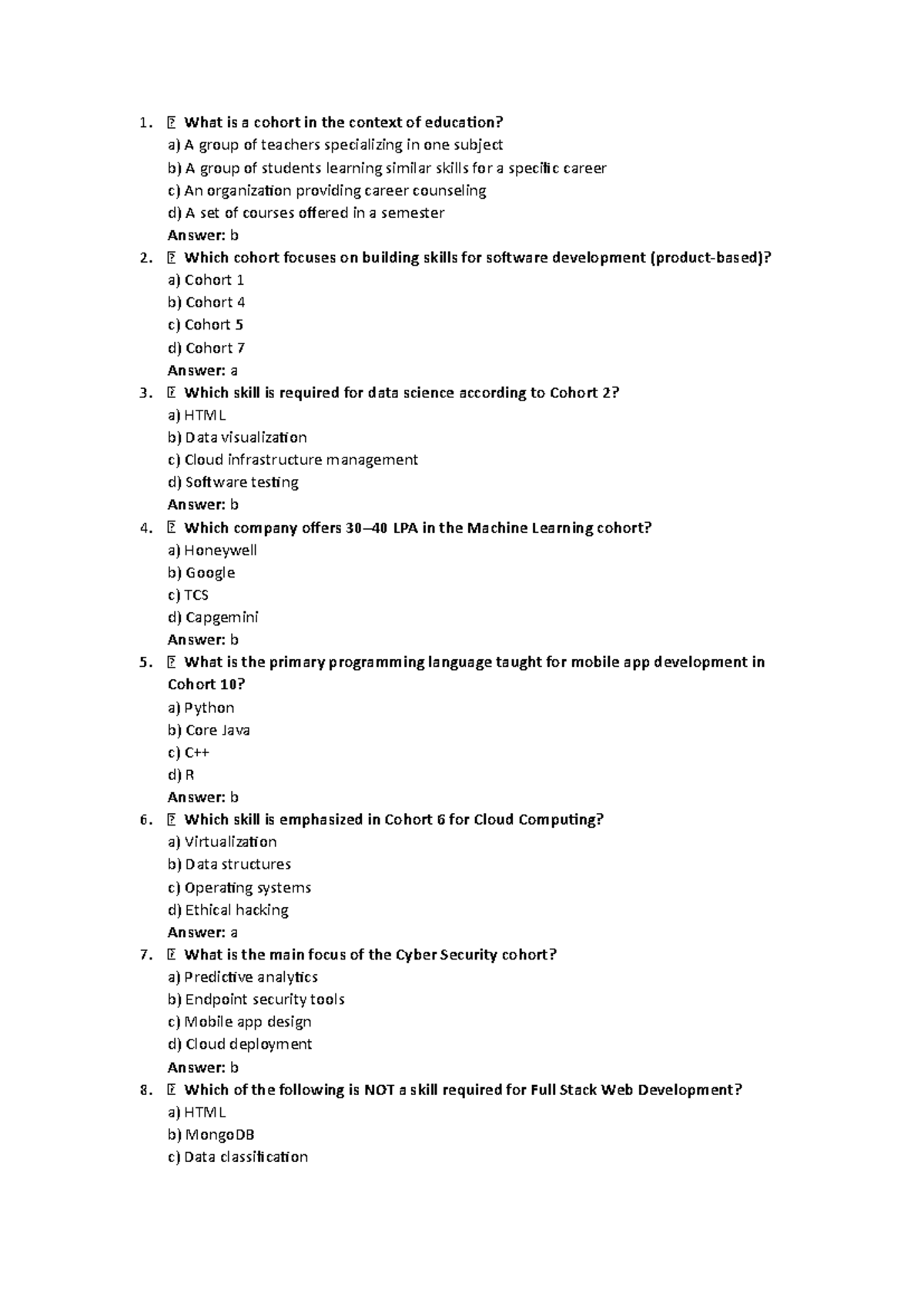 CSE-111: Unit 4 MCQs on Cohorts and Key Skills for Success - Studocu