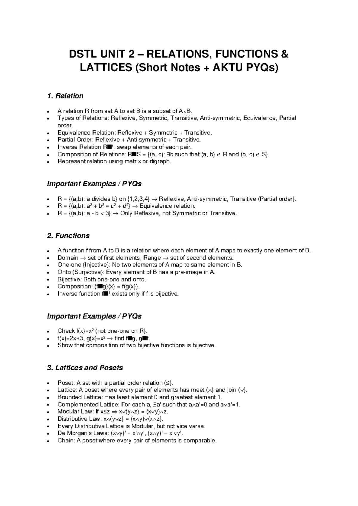 DSTL UNIT 2 Short Notes: Relations, Functions & Lattices AKTU - Studocu
