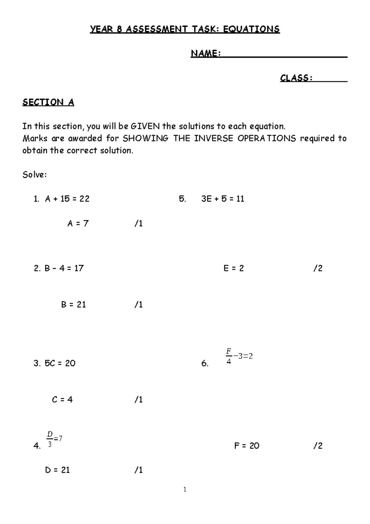 Yr 8 Assessment Task: Equations Solutions & Working Mathematically ...