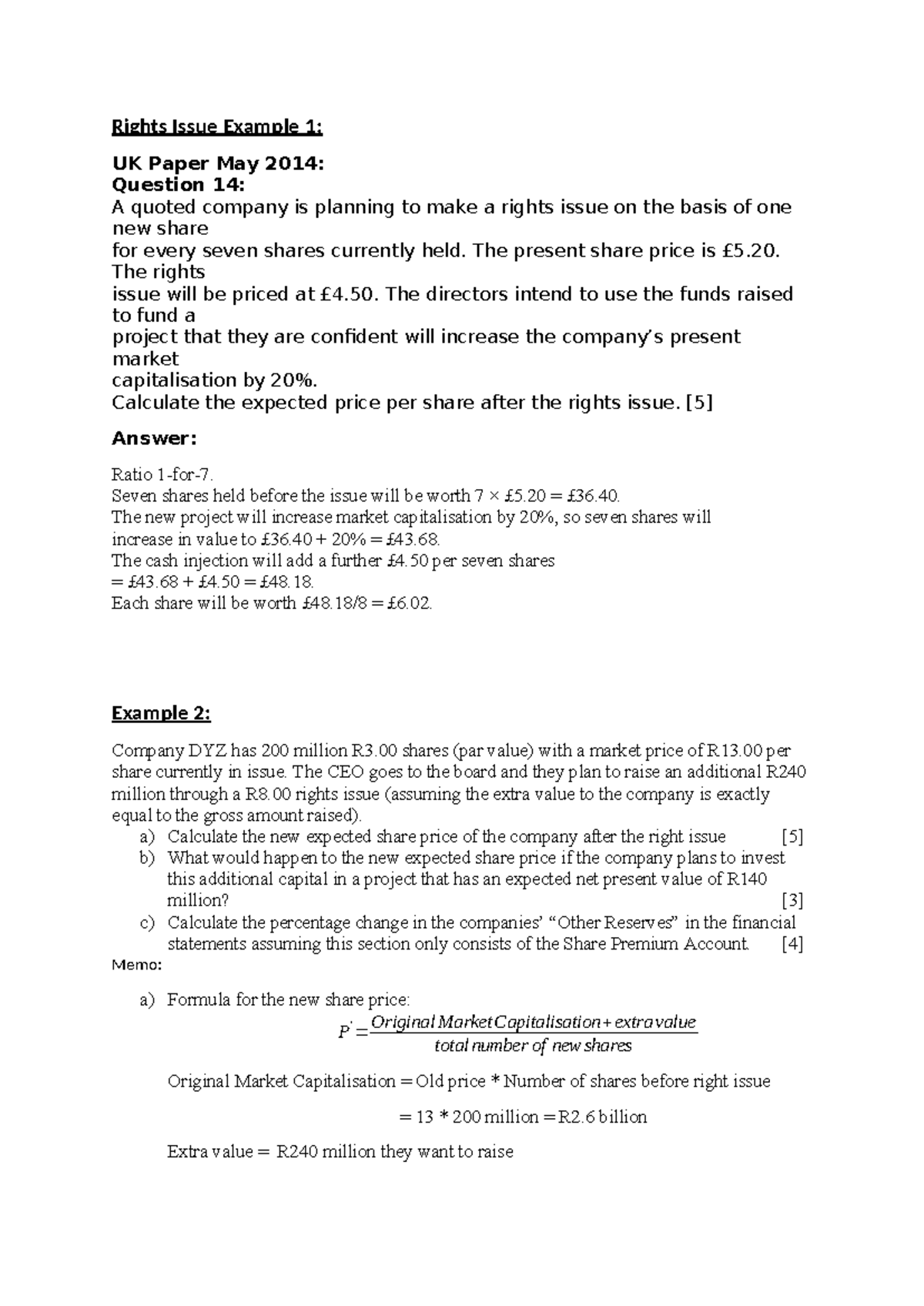 Chapter 6: Rights Issue Example - UK Paper May 2014 Analysis - Studocu