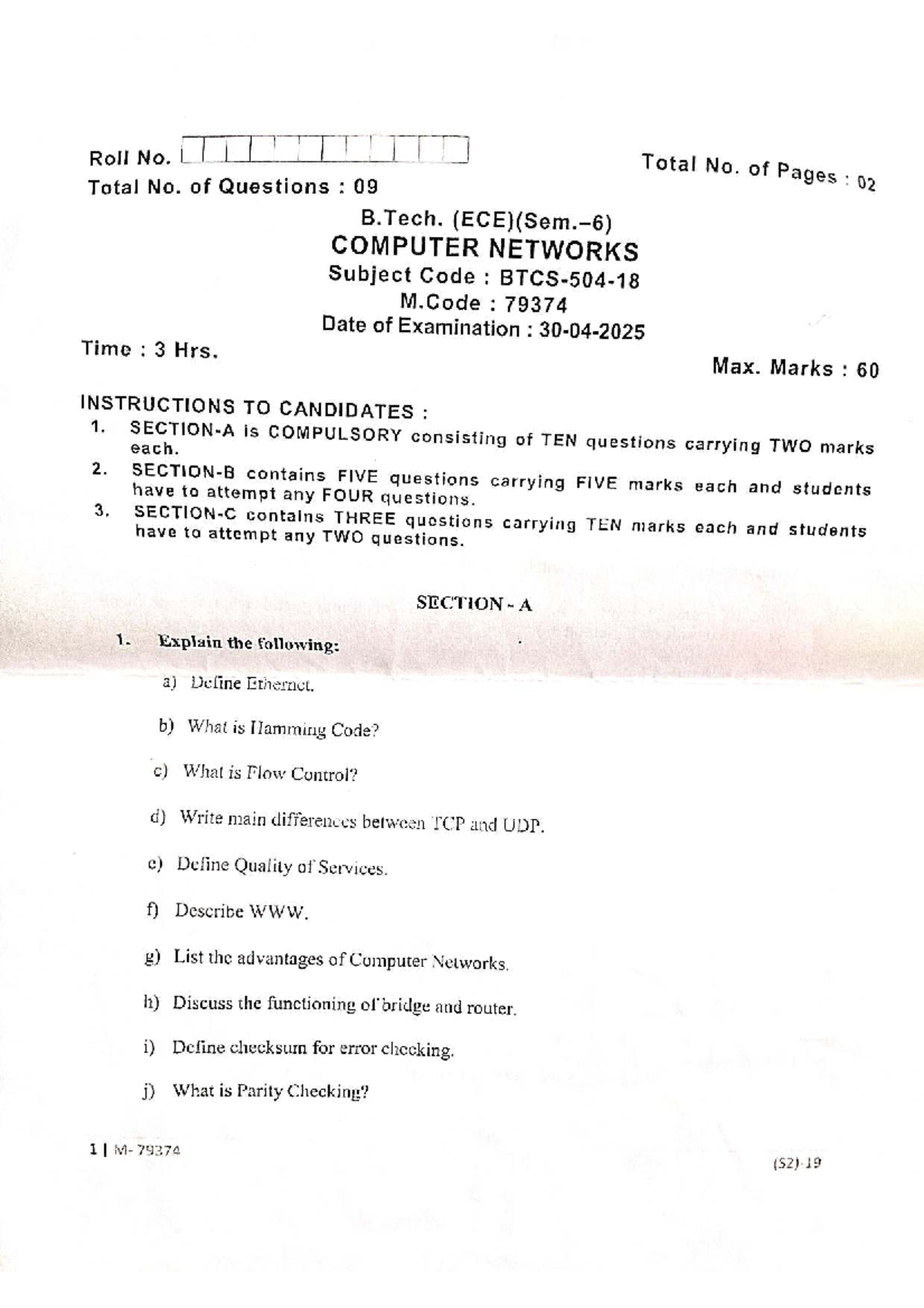 B.Tech. COMPUTER NETWORKS Exam QP - M.Code: 79374 - Studocu