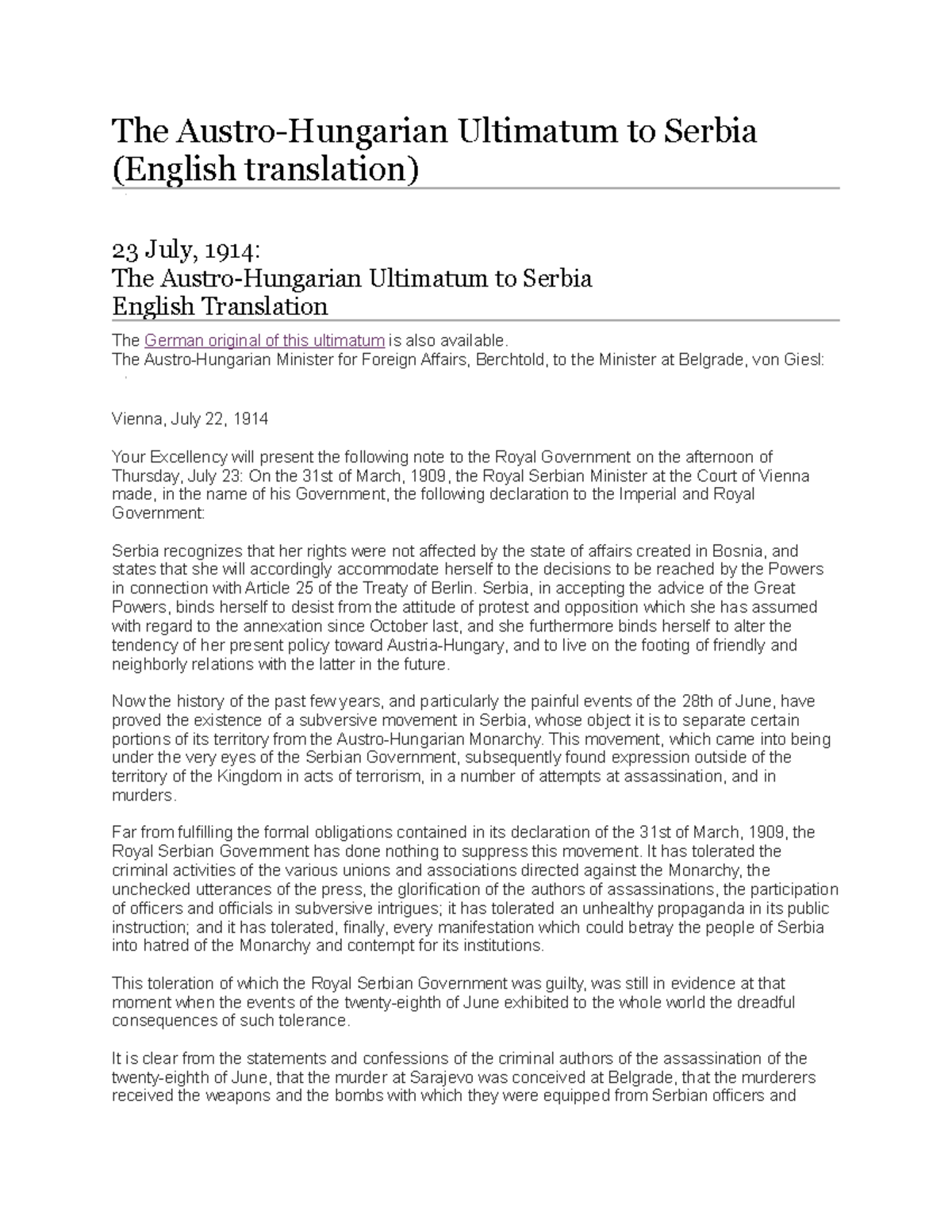 The Austro-hungarian ultimatum to serbia - The Austro-Hungarian ...
