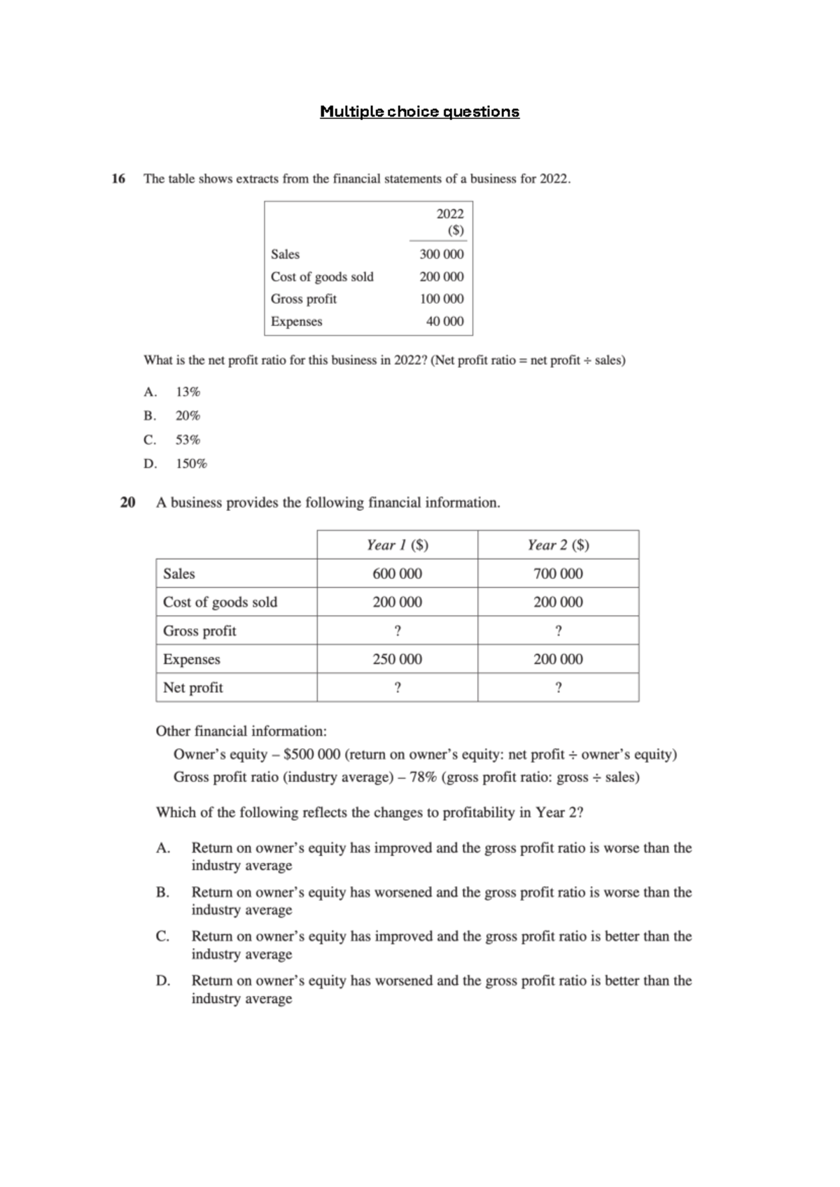 HSC Business Finance Ratios - Practice MCQs and Solutions - Studocu