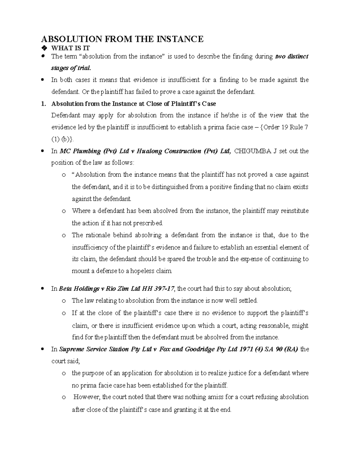 Civil Procedure: Understanding Absolution from the Instance - Studocu