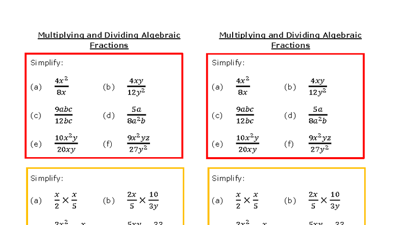 Multiplying and Dividing Algebraic Fractions Practice Questions - Studocu