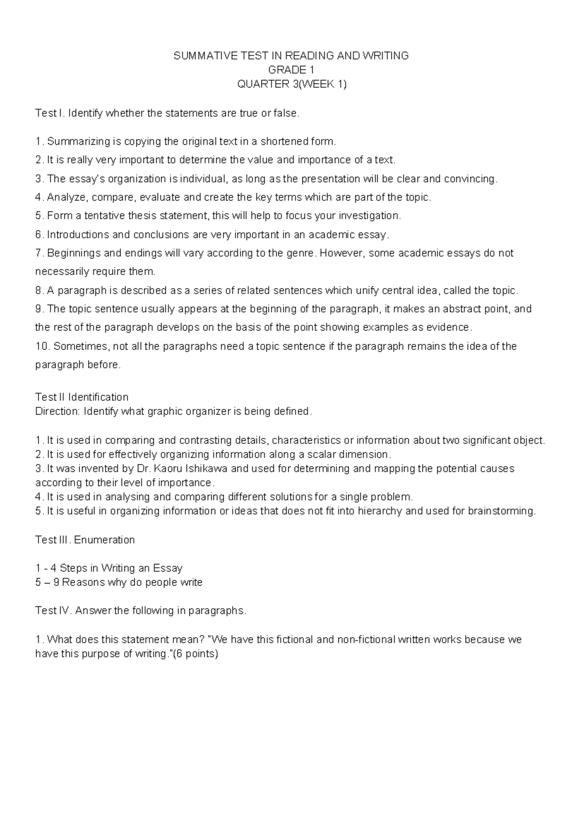 Q3RW Summative Test 1 - Reading & Writing Worksheet for Grade 1 - Studocu