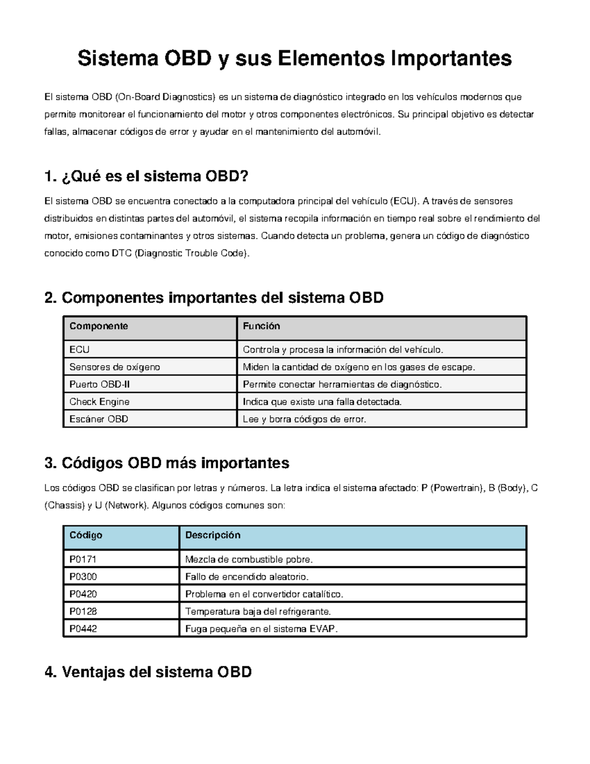 Sistema OBD: Elementos Clave y Códigos de Diagnóstico - Studocu