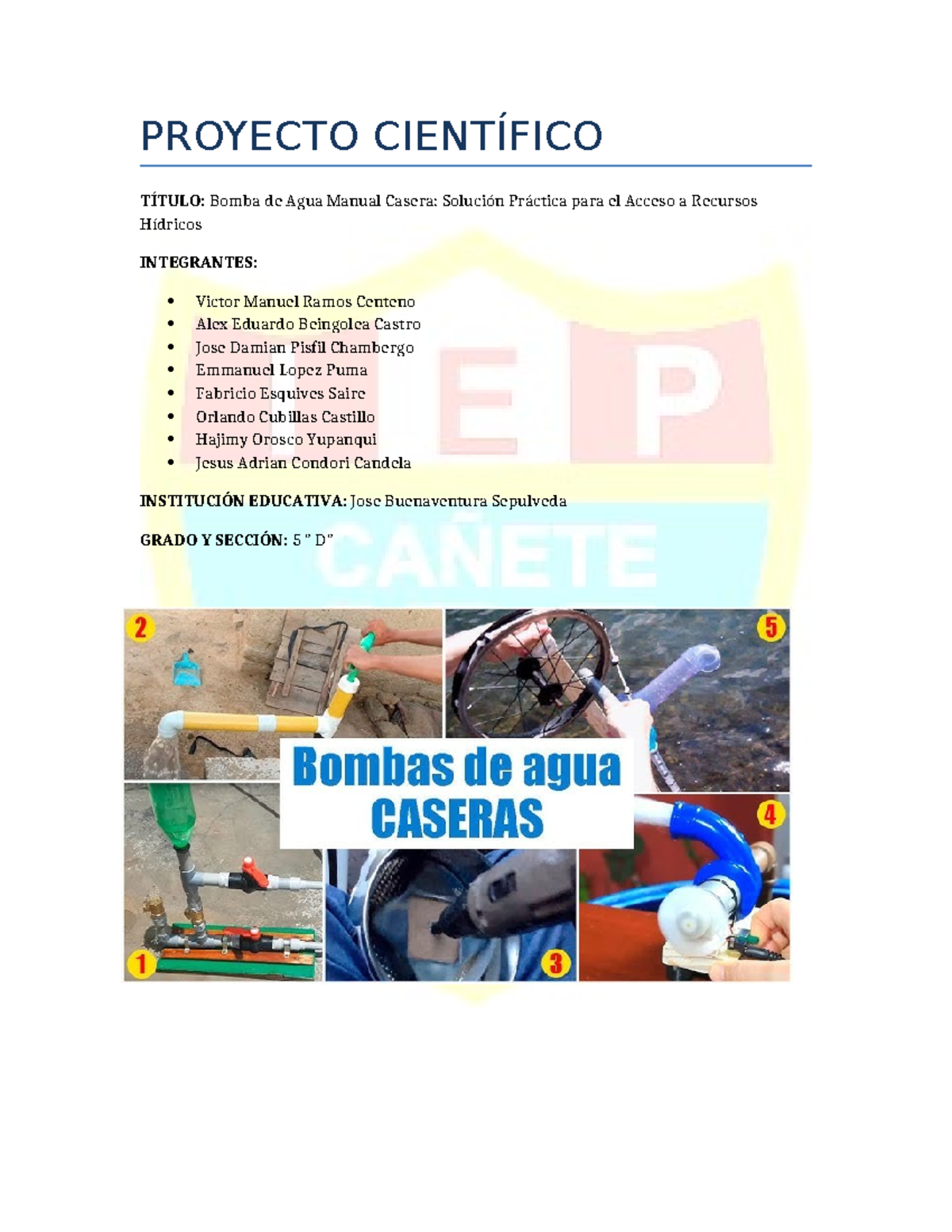 Proyecto Científico: Bomba de Agua Manual Casera para Recursos Hídricos - Studocu