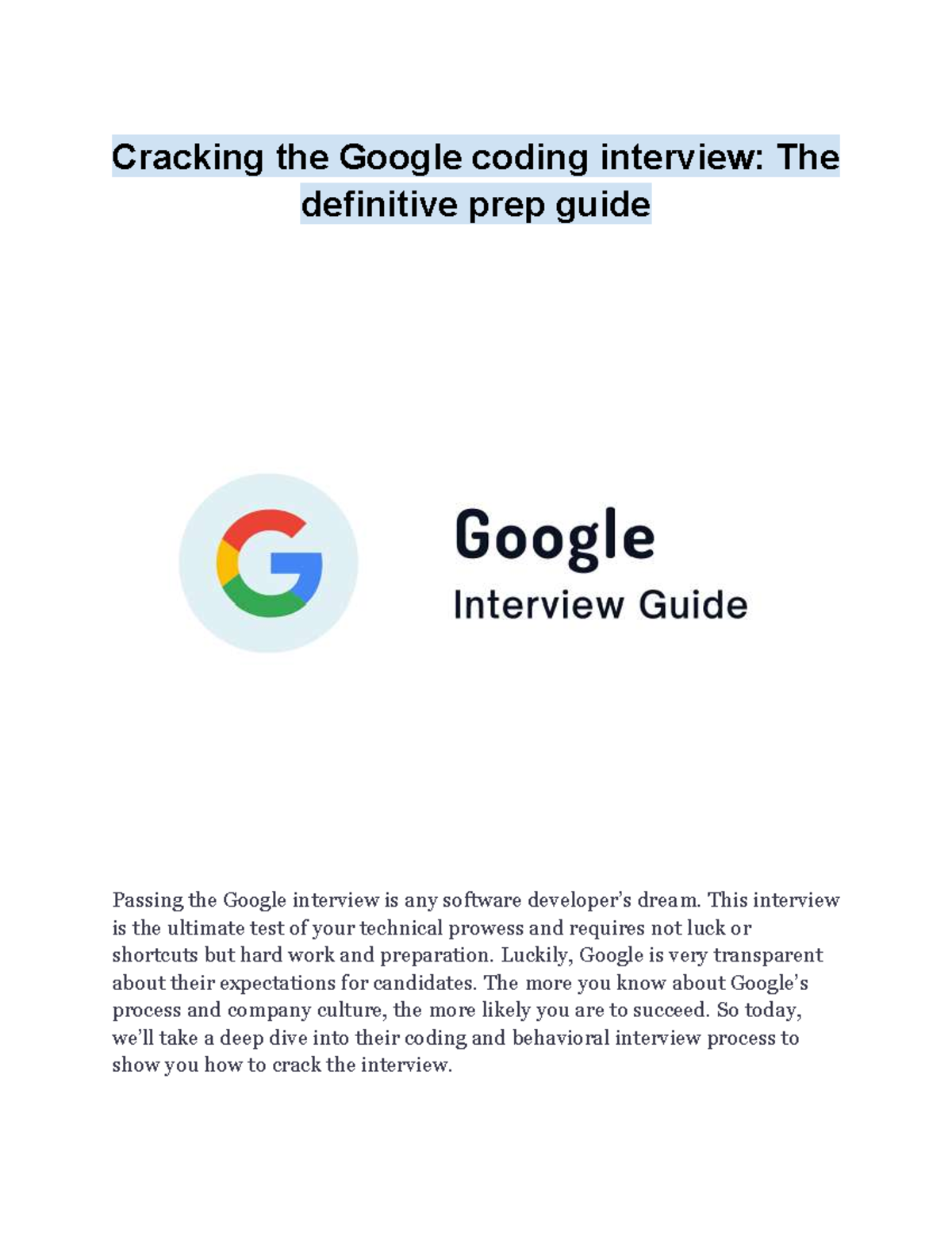 Google Coding Interview: Comprehensive Prep Guide for Success - Studocu