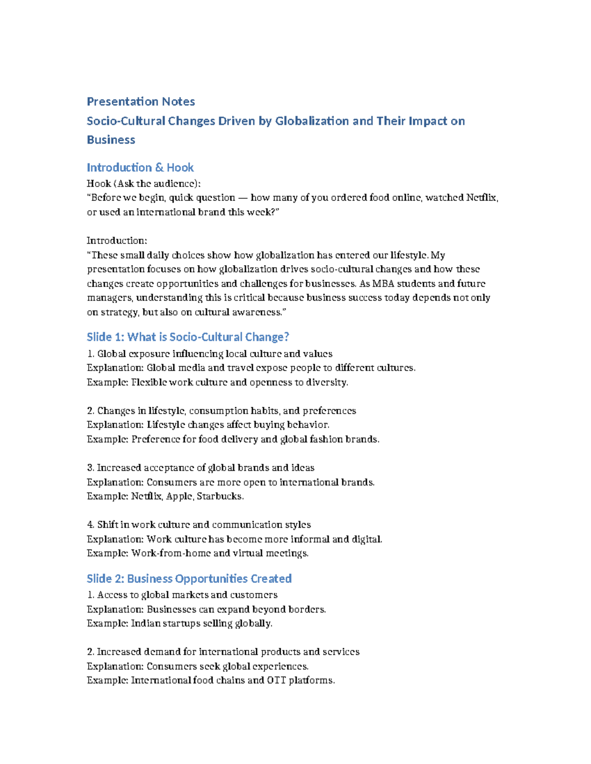 MBA 101: Socio-Cultural Changes Presentation Notes on Globalization ...