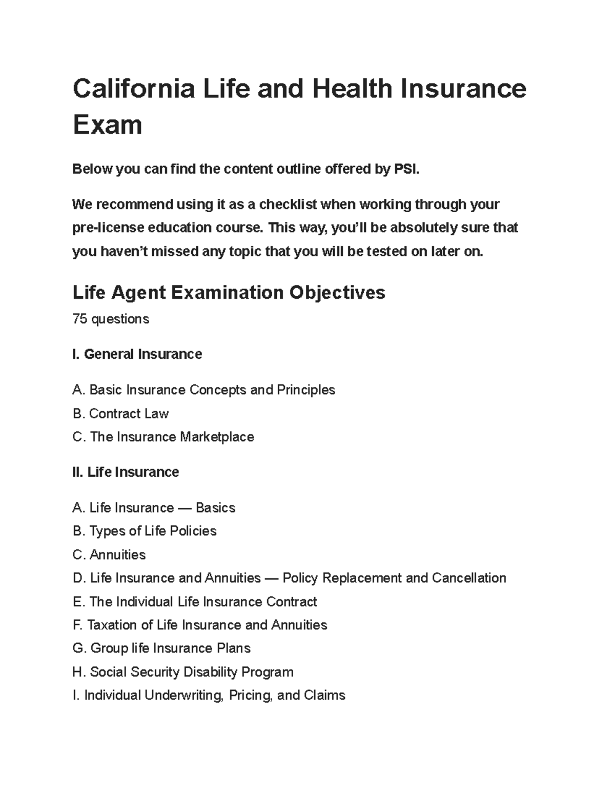California Life & Health Insurance Exam Study Guide Outline - Studocu