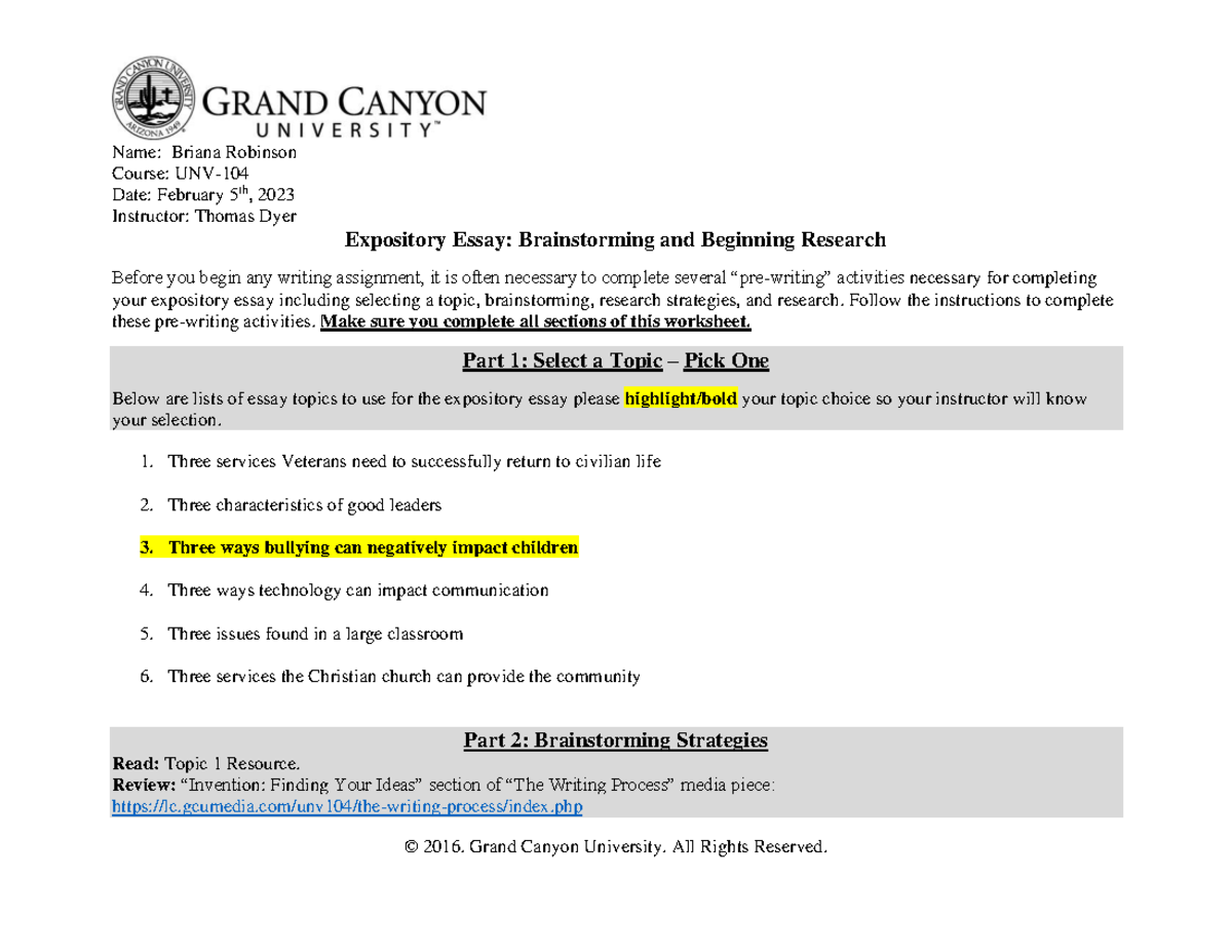 UNV-104-RS-T1-Expository Essay: Brainstorming & Research Worksheet ...