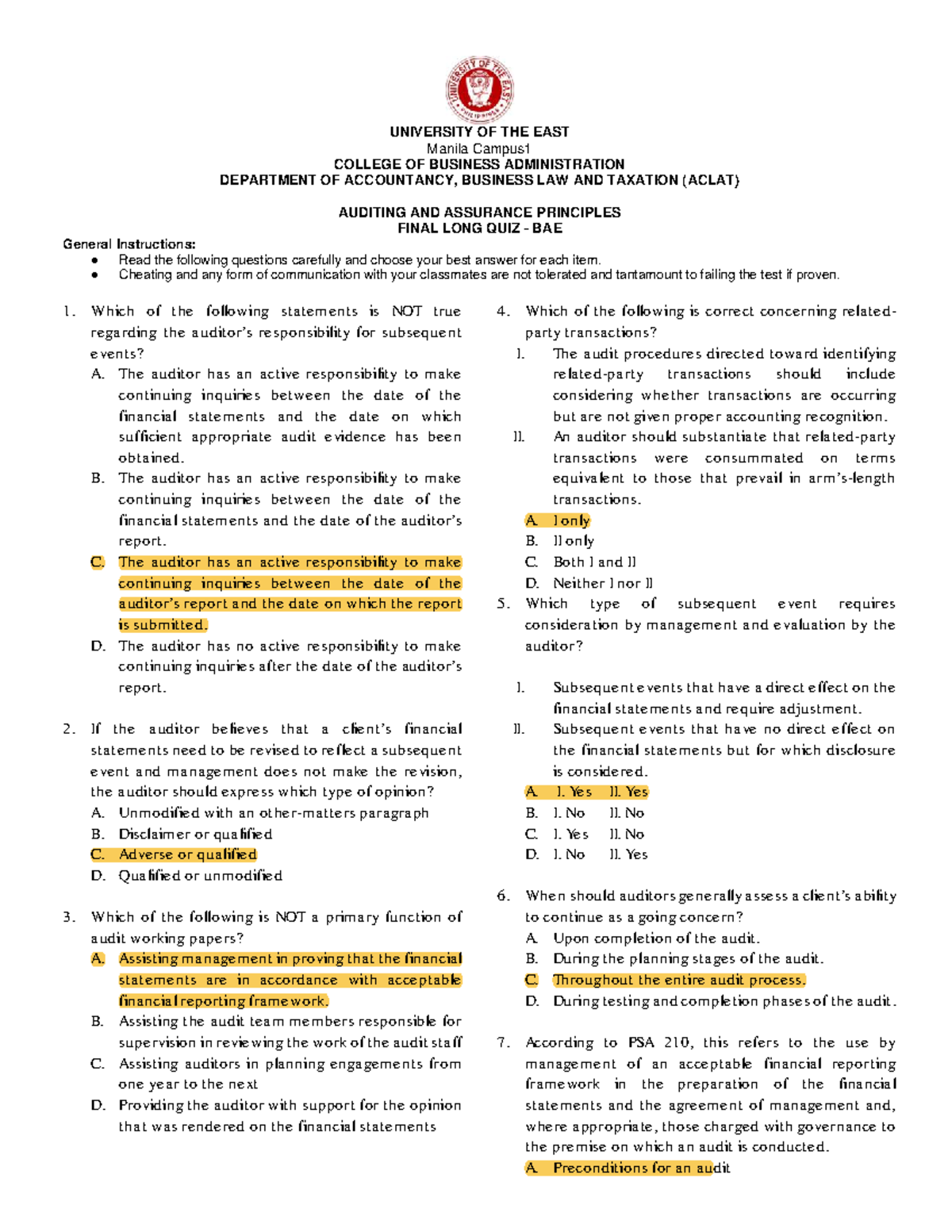 BAE Auditing & Assurance Principles Final Long Quiz - Studocu