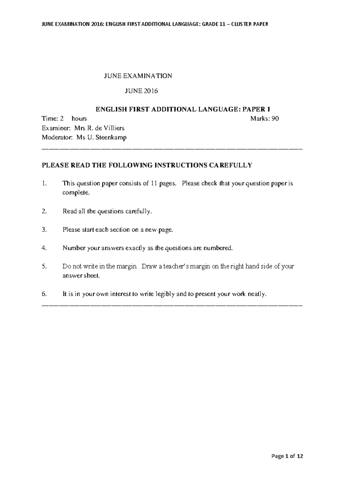 Grade 11 English First Additional Language June Exam 2016 Paper - Studocu