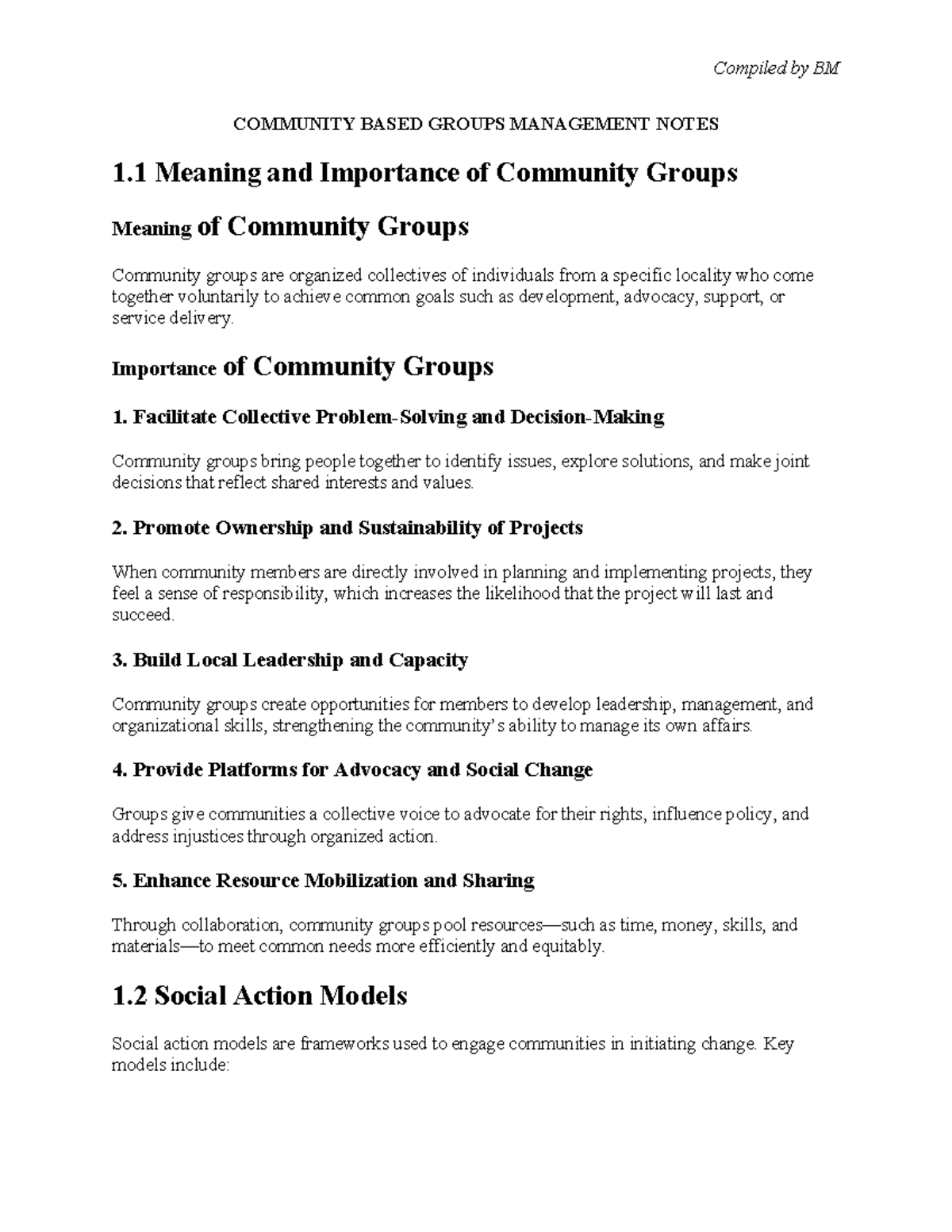 BM Community Based Groups Management: Revised Notes on Key Concepts and ...