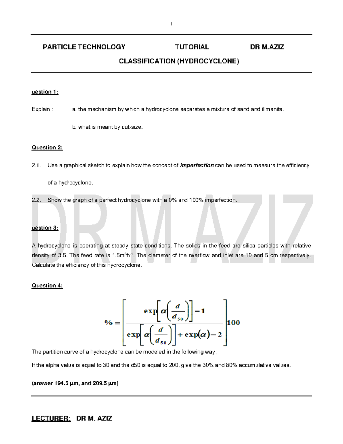PTY261S - Hydrocyclone Classification Tutorial - 2022 - Studocu