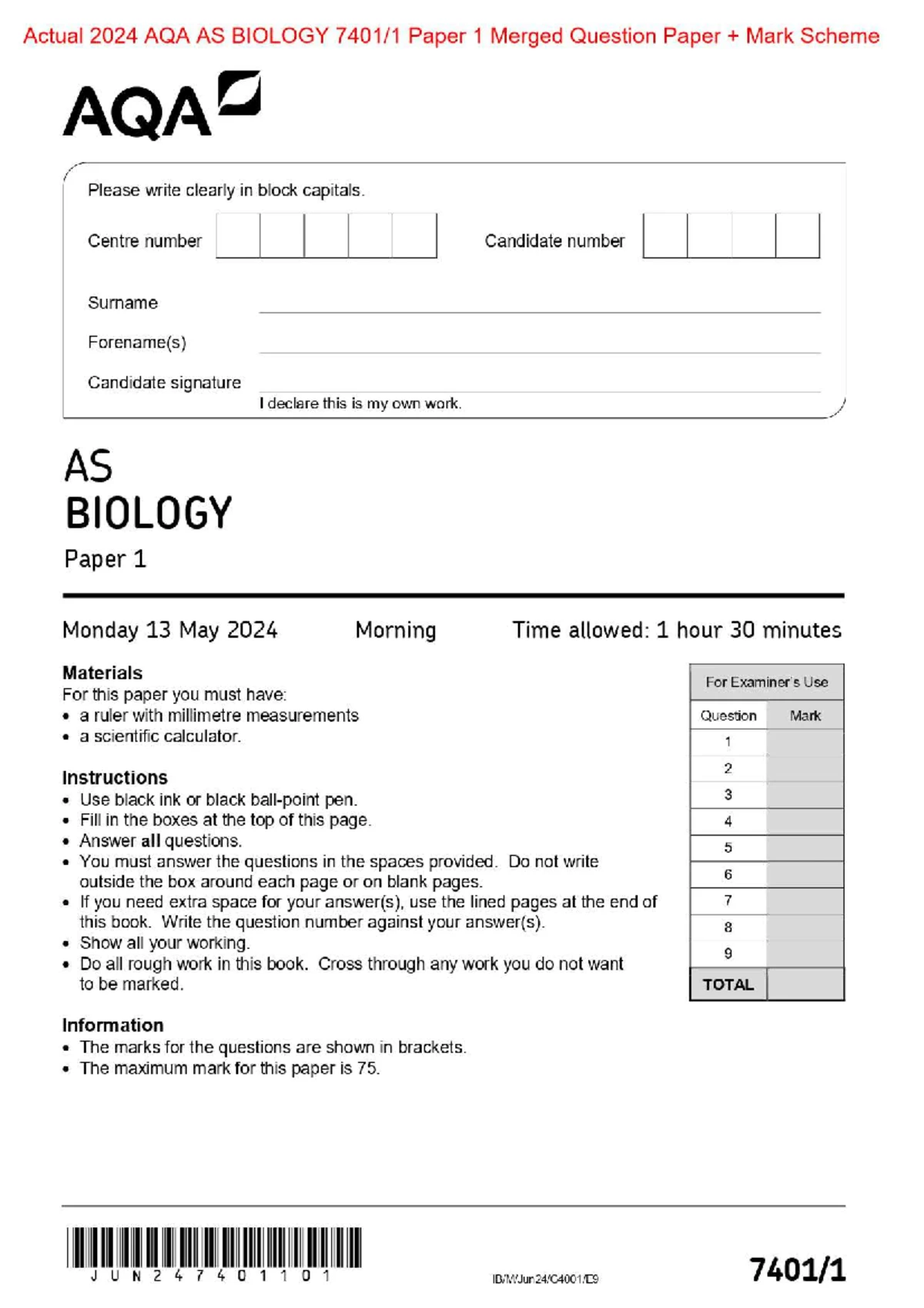 AQA AS BIOLOGY Paper 1 2024: Merged Question Paper & Mark Scheme - Studocu