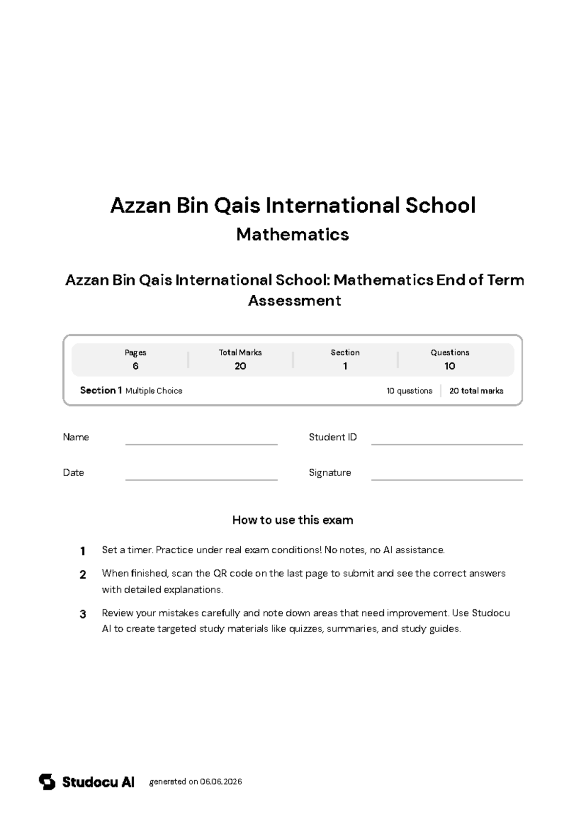 Mathematics End of Term Assessment - Azzan Bin Qais School - Studocu