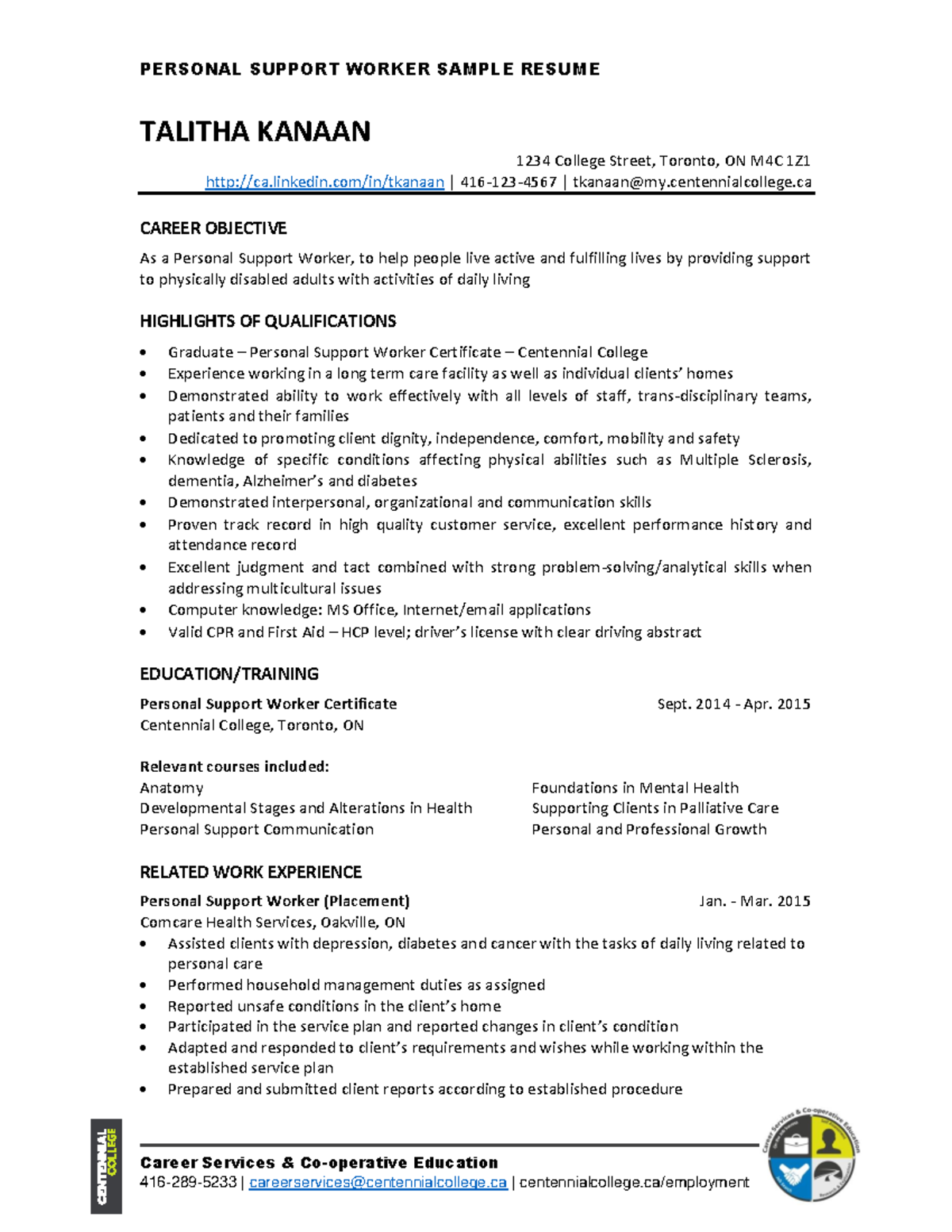 Centennial College PSW Resume - Talitha Kanaan Sample Format - Studocu
