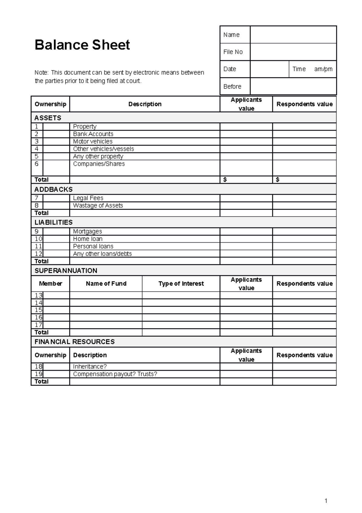 Balance Sheet Template - Family Law FCFCOA Document - Studocu