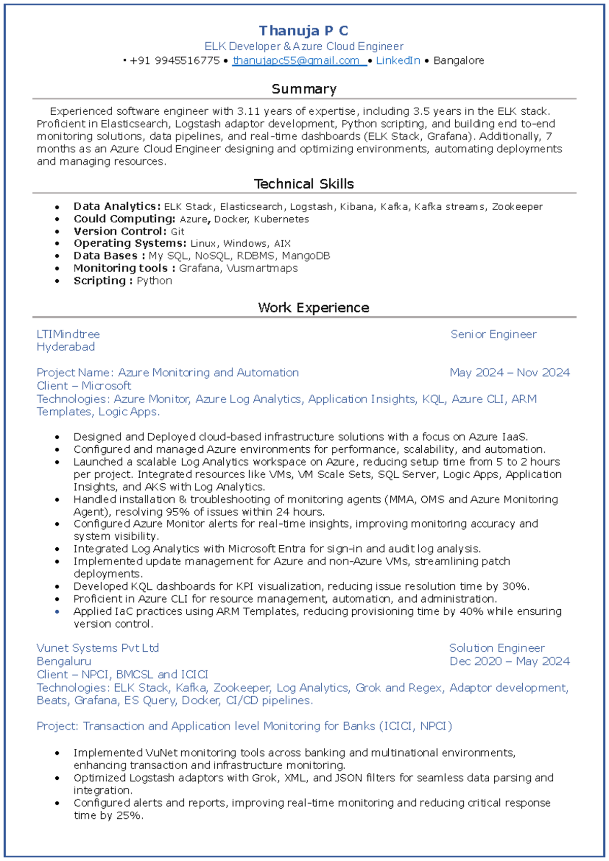 Thanuja P C - Resume - ELK Developer & Azure Cloud Engineer - Studocu