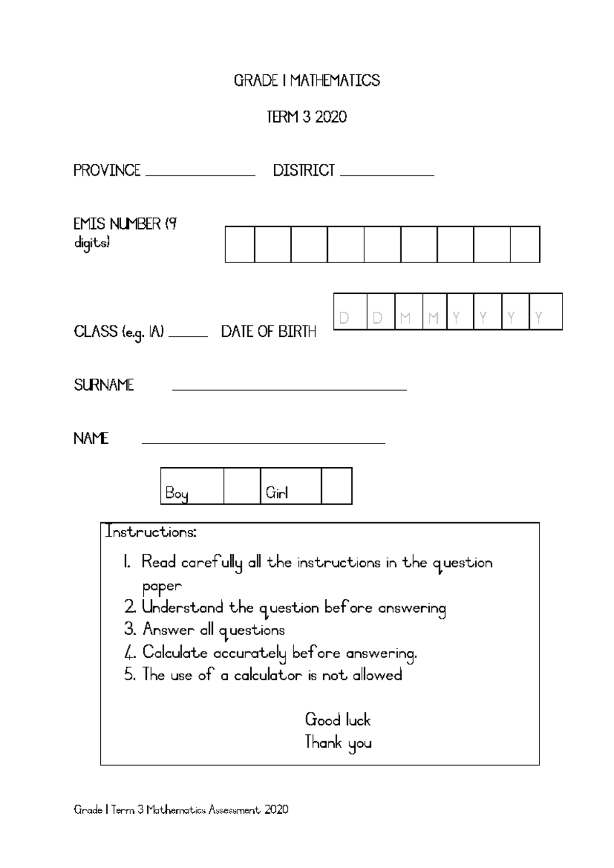 Grade 1 Term 3 Math Assessment 2020 - Studocu
