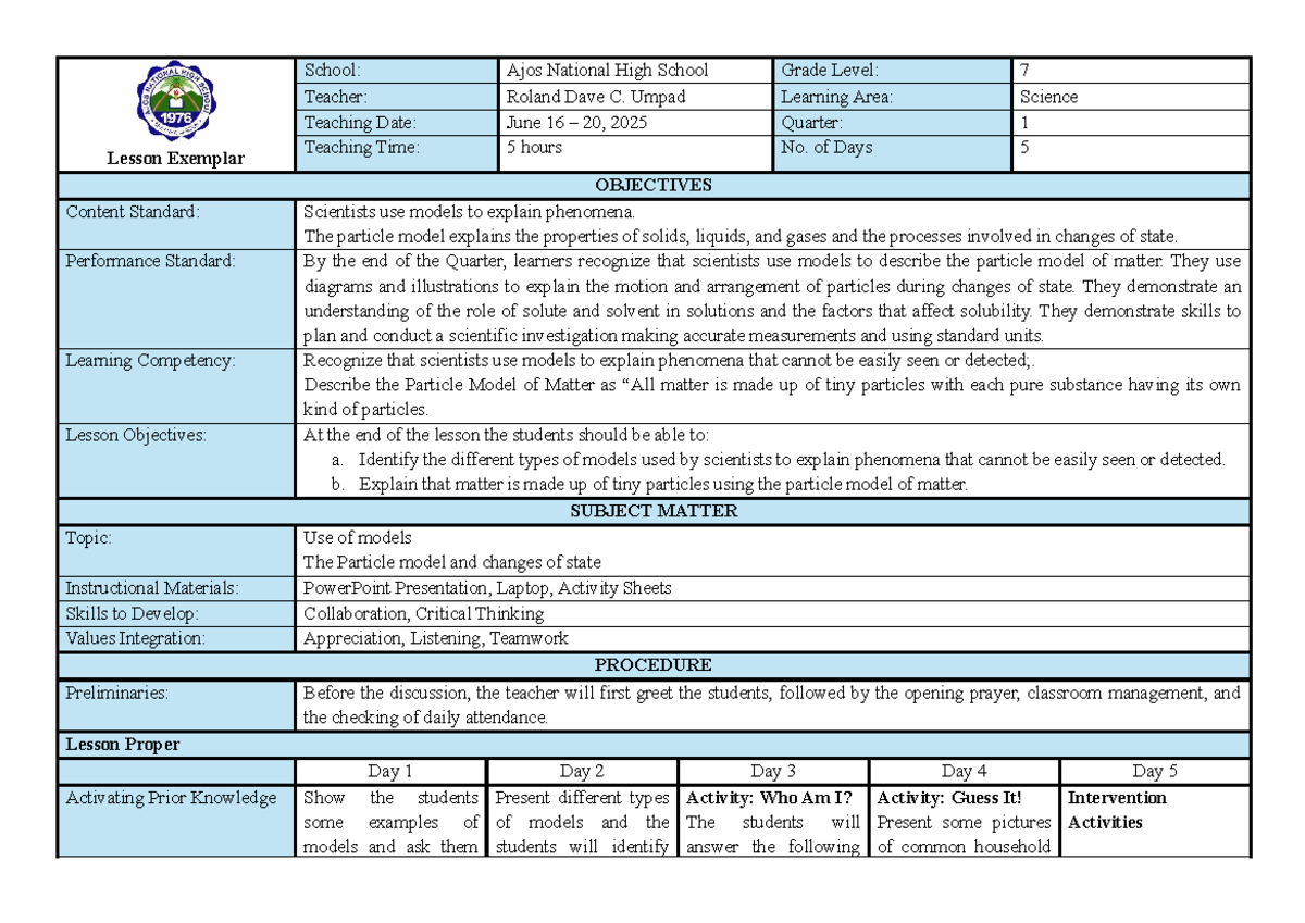 Science 7 Q1 Lesson Plan: Understanding the Particle Model of Matter ...
