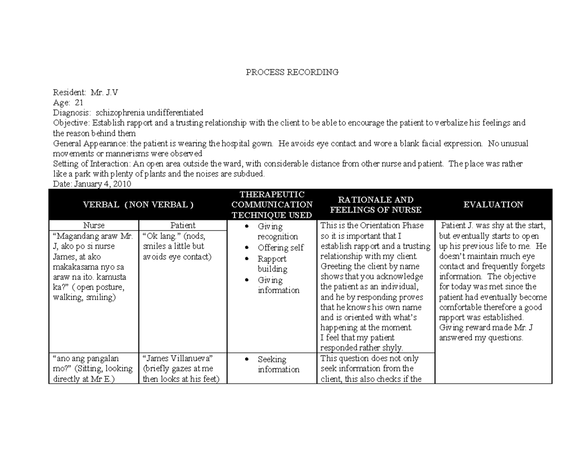 Process Recording: Therapeutic Communication Techniques with Mr. J.V ...