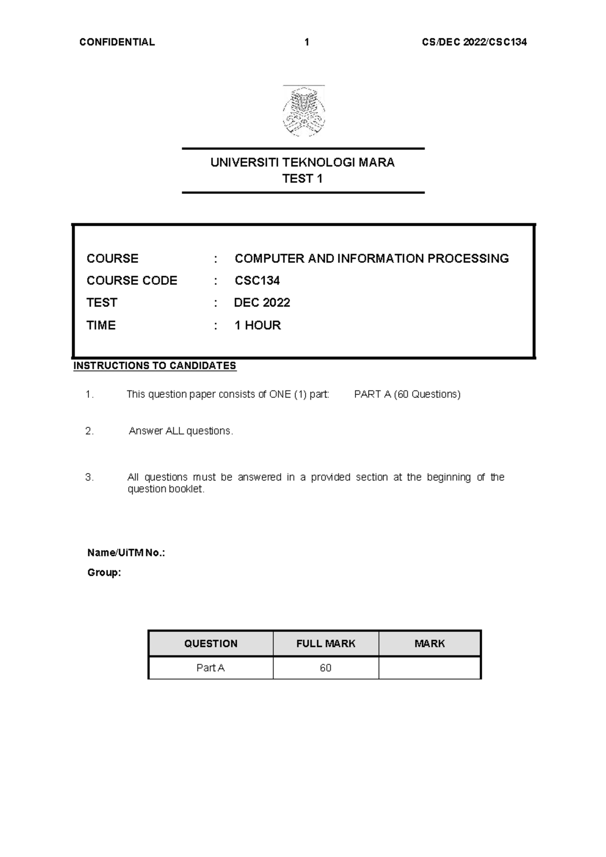 Test 1: CSC134 Computer and Information Processing - Dec 2022 - Studocu