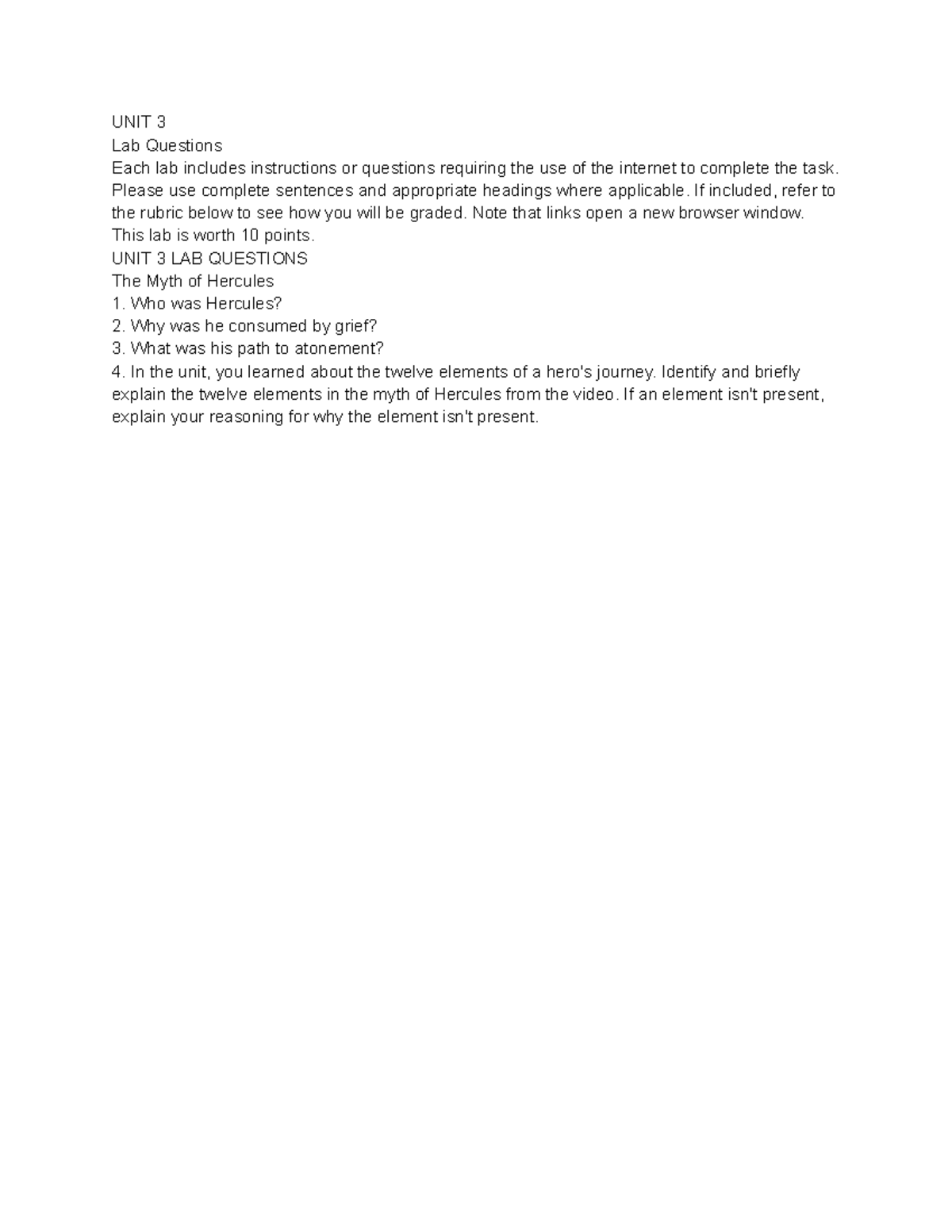 Art unit 3 - >................ - UNIT 3 Lab Questions Each lab includes ...