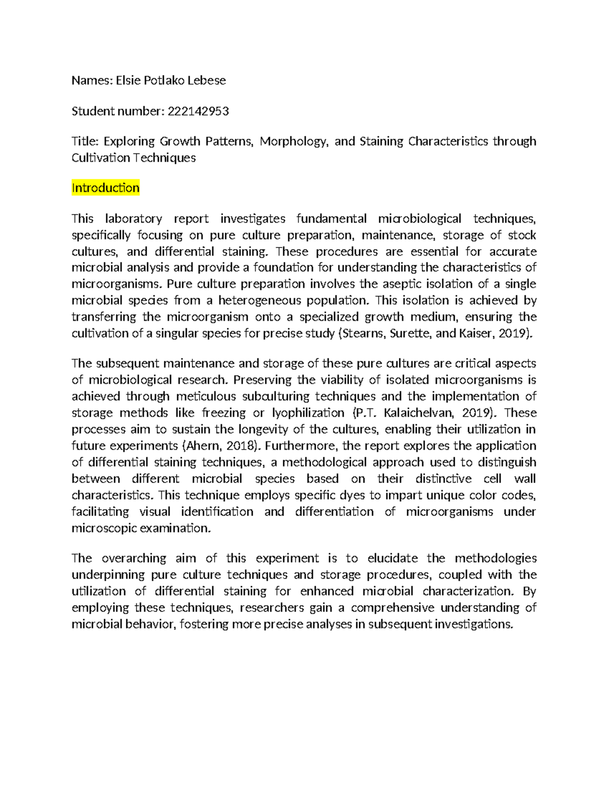 Microbiology 3 Lab Report - Identification of Unknown Microorganism via ...