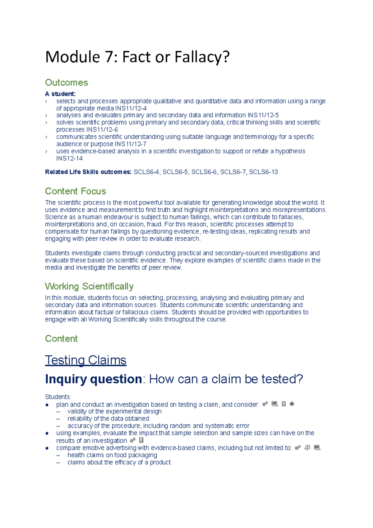 Mod 7: Investigating Science - Analyzing Claims and Evidence - Studocu