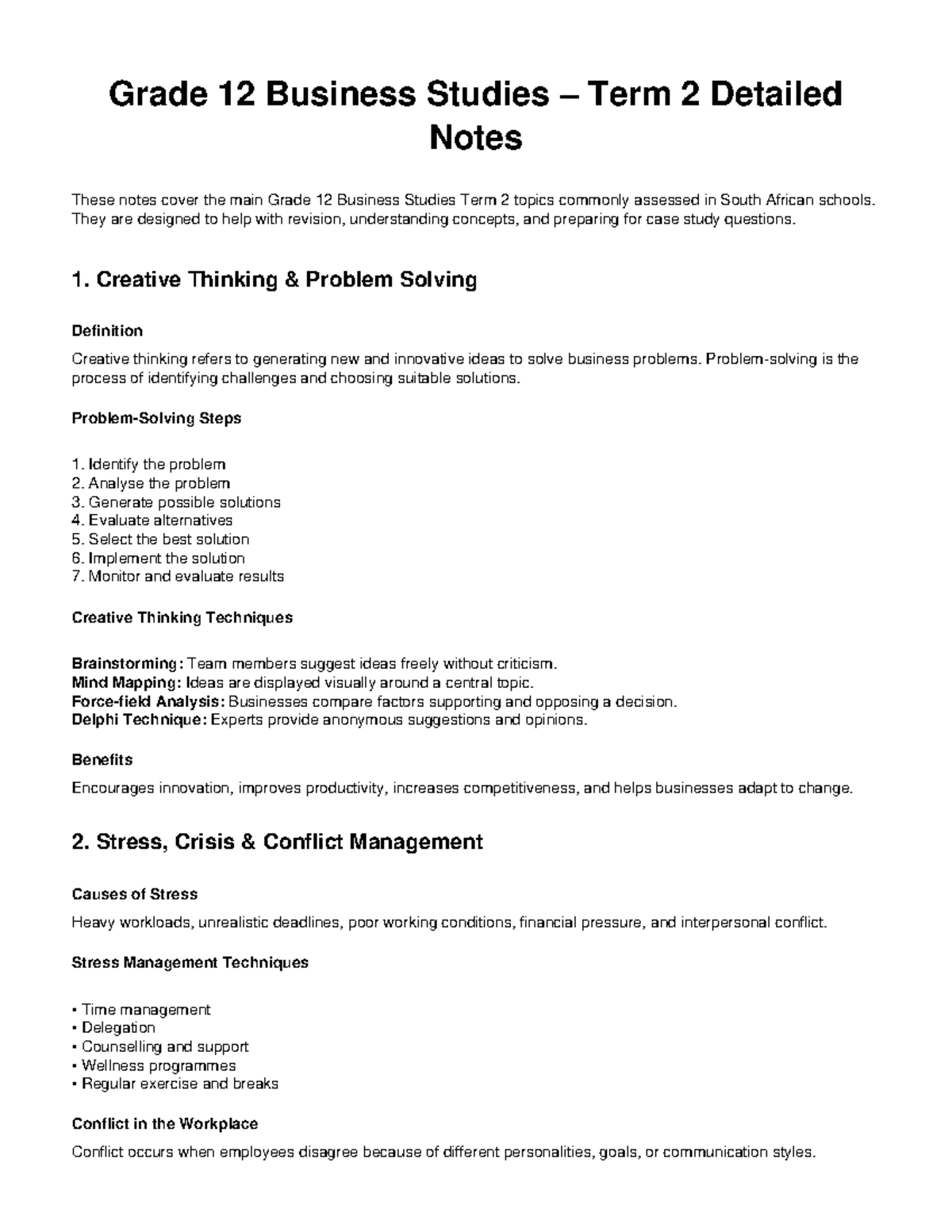 Grade 12 Business Studies Term 2 Comprehensive Study Notes - Studocu