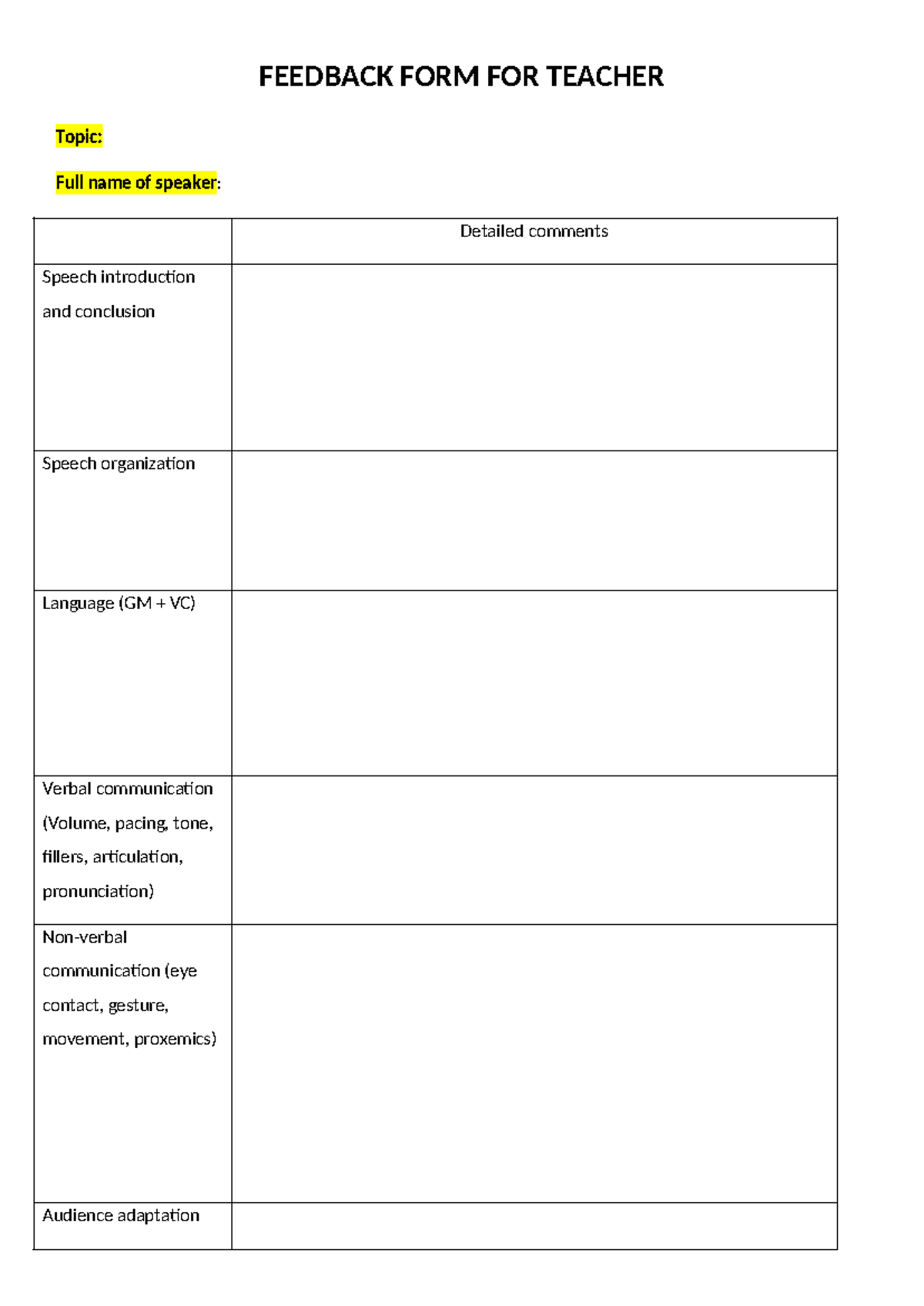Final Speech - Feedback FORM FOR Teacher - Public speaking - FEEDBACK ...