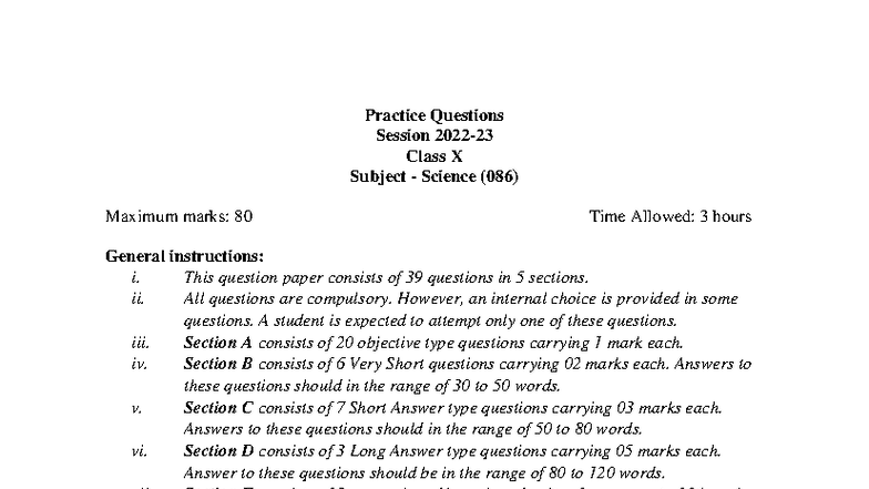 Science Practice Questions for Class X (086) - Assignment - Studocu
