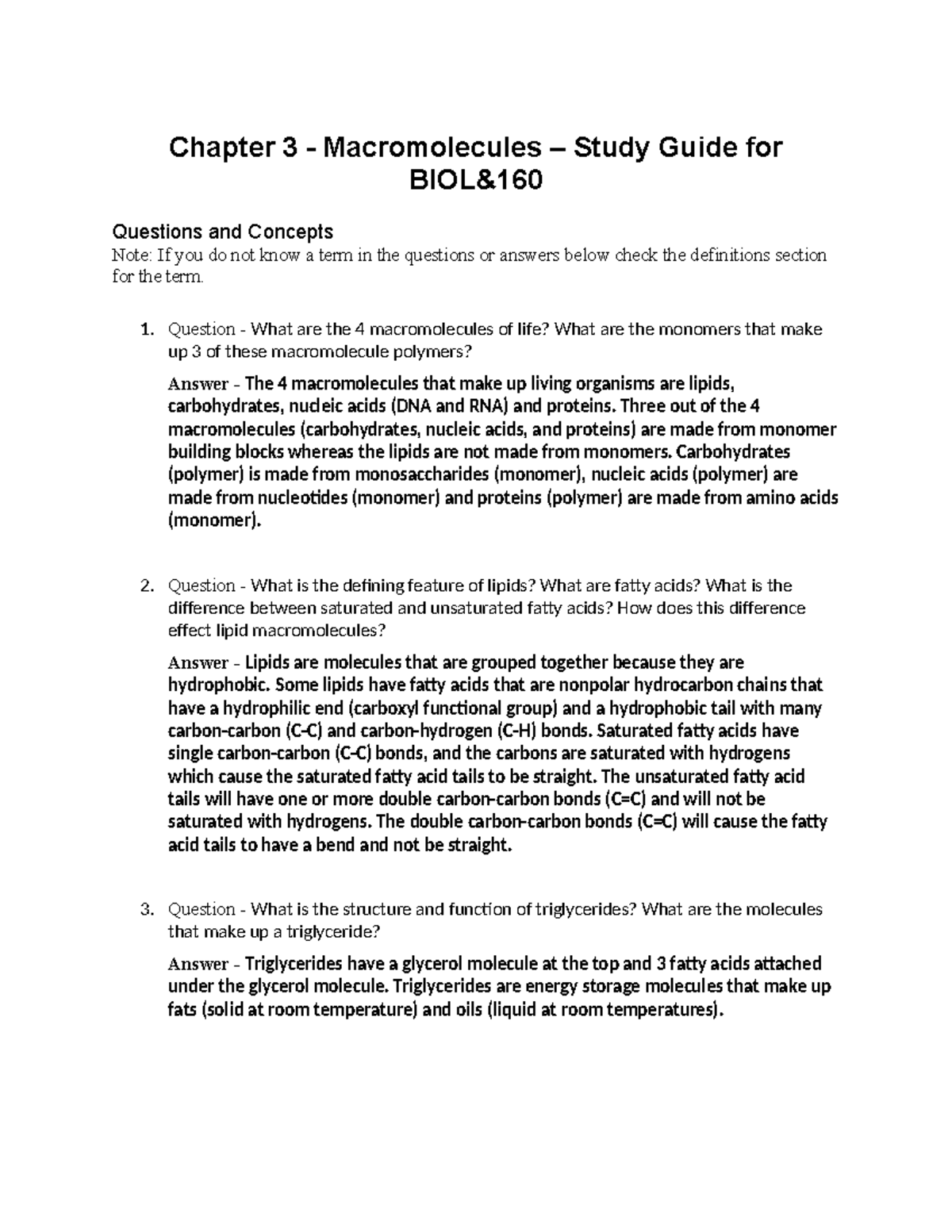 Chapter 3 - Macromolecules Study Guide for BIOL&160 - Studocu