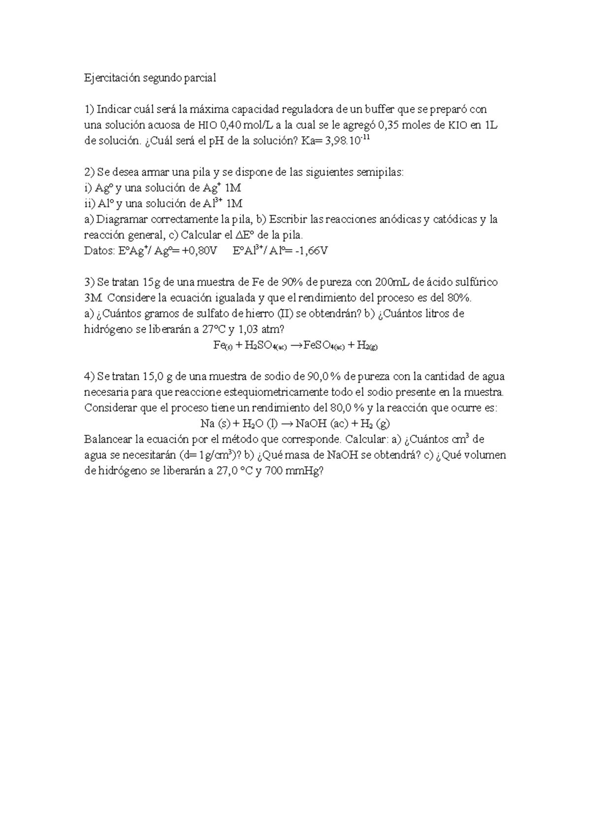 Ejercitación 2° Parcial: Capacidad de Buffers y Reacciones Redox - Studocu