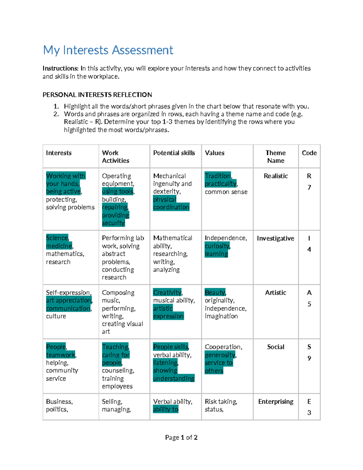Interest Assessment Worksheet UNIV2100: Exploring Personal Interests ...