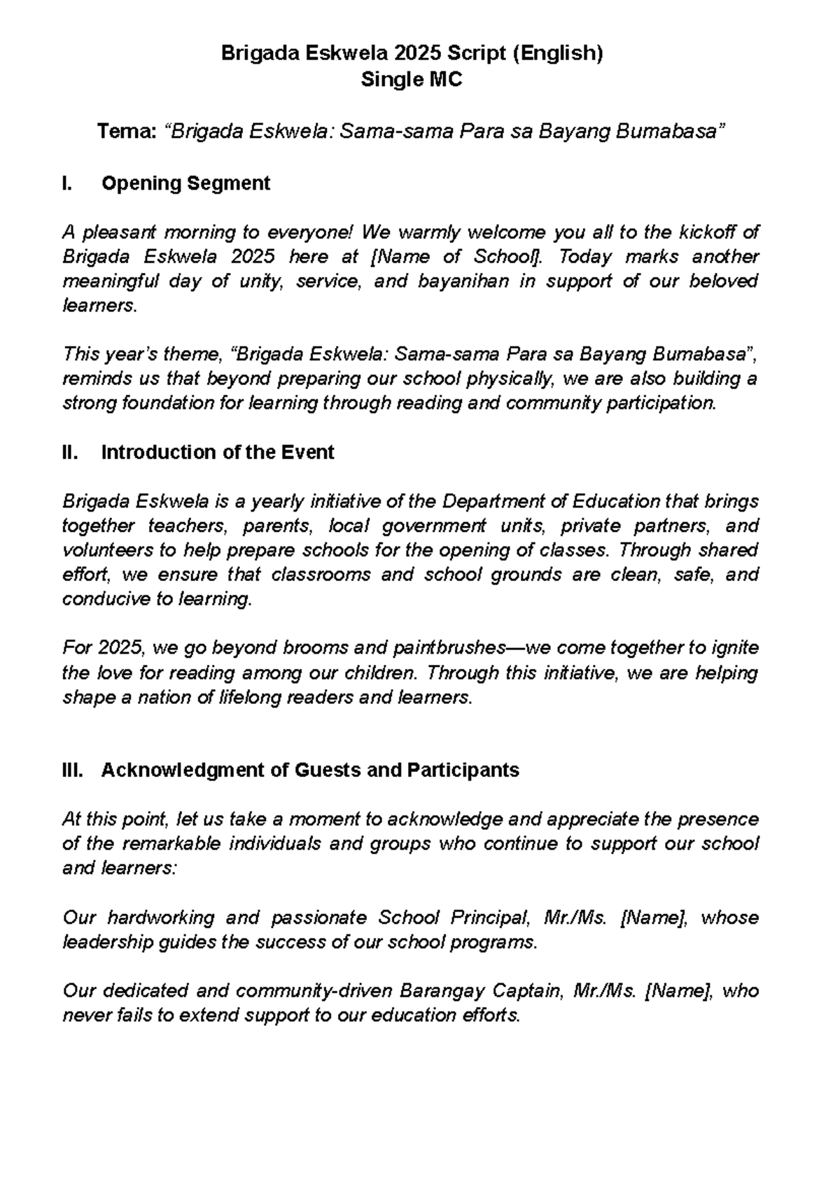 Brigada Eskwela 2025 Script: Kickoff Event Overview and Acknowledgments ...