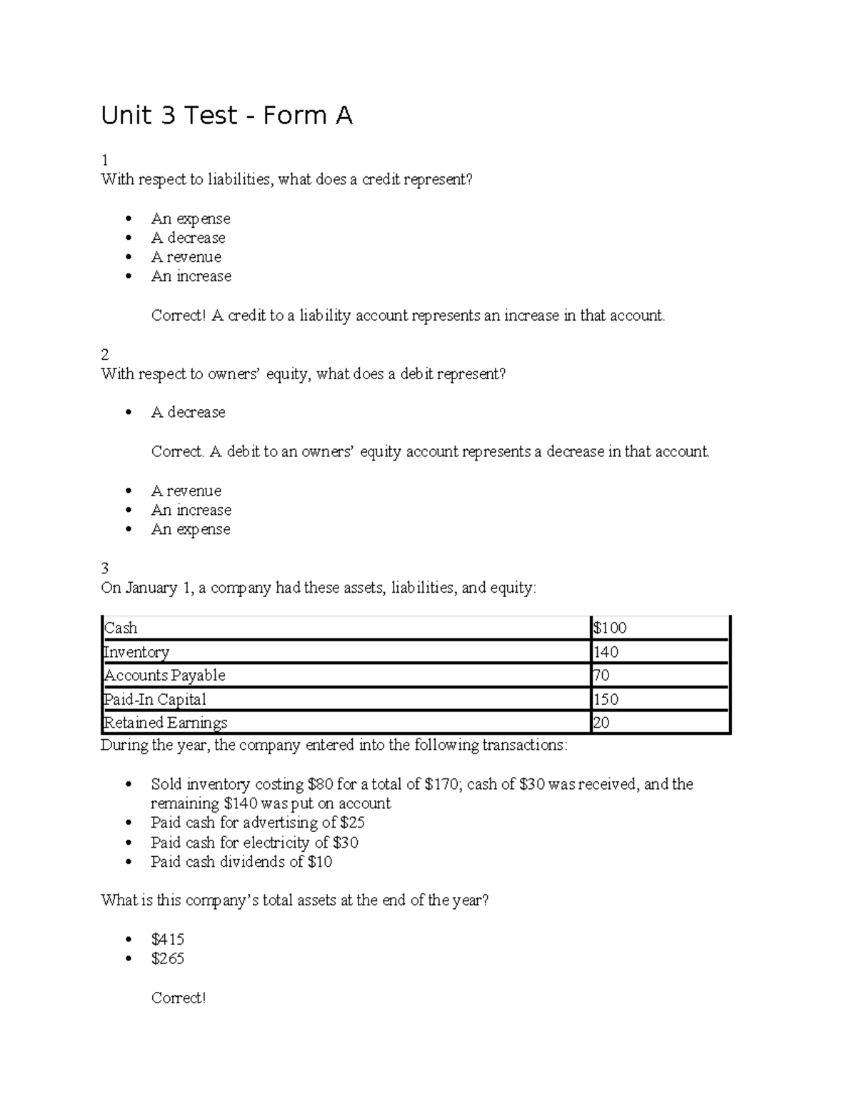Unit 3 Test - Knowledge Assessment on Liabilities and Equity - Studocu